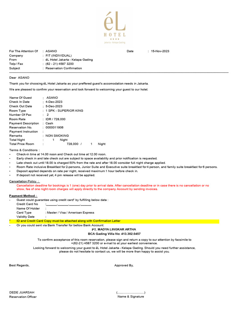 Confirmation Letter MR Asano | PDF | Credit Card | Payments