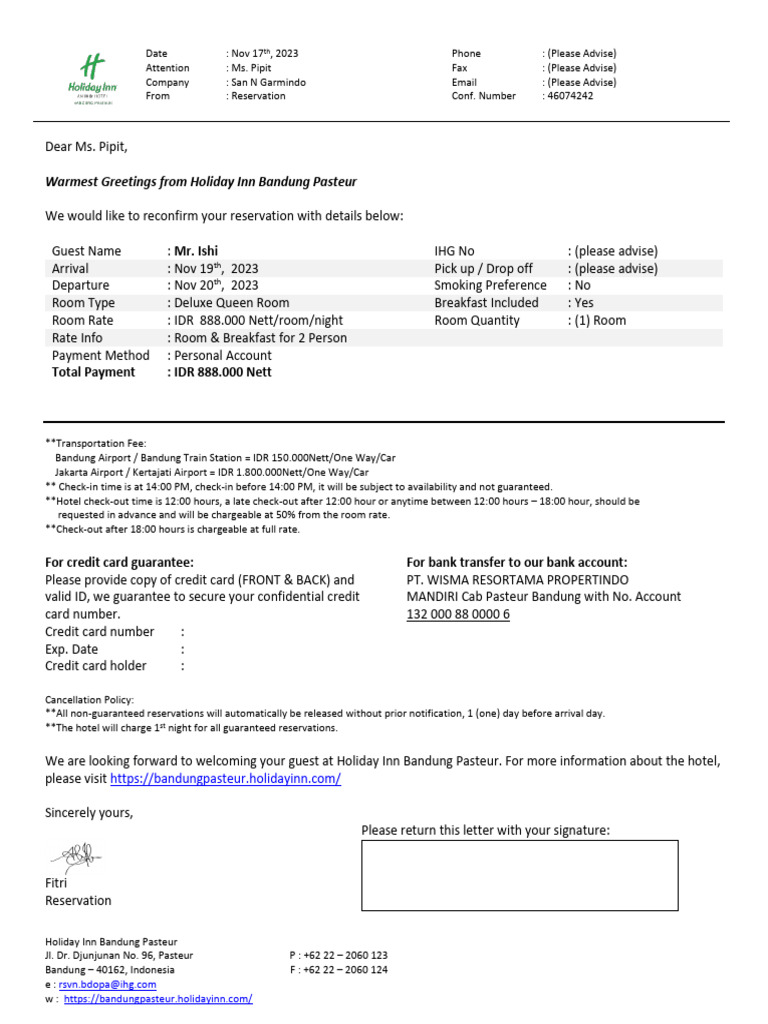 Confirmation Letter Mr. Ishi | PDF | Credit Card | Payments