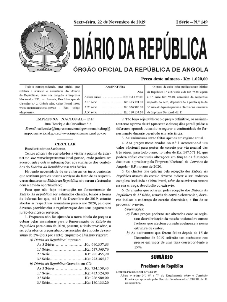 Decreto Presidencial N.º 344-19 - Altera o Artigo 3º, 6º e 7º Do Regulamento Sobre o Comércio ...