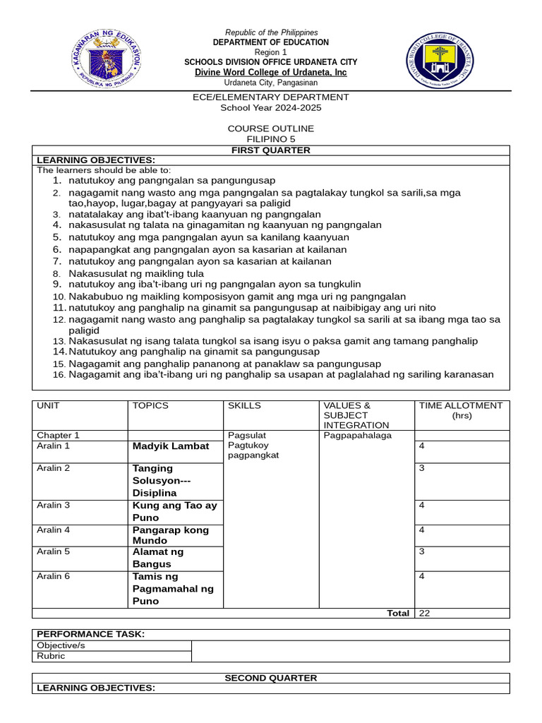 COURSE-OUTLINE-Filipino 5 | PDF