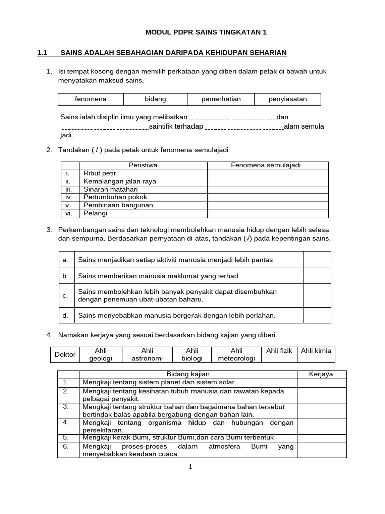 MODUL PDPR SAINS TINGKATAN 1 | PDF