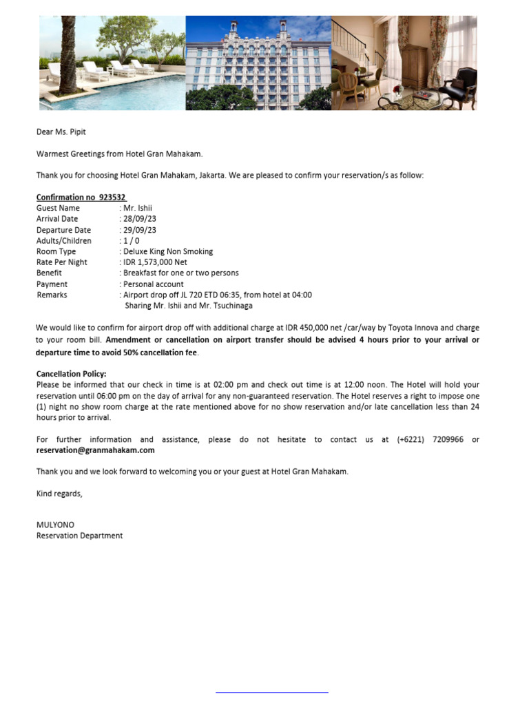 Hotel Gran Mahakam Reservation Confirmation | PDF