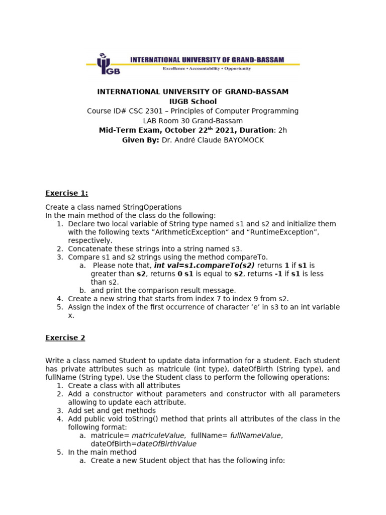 CSC 2301 - Midterm Exam Sept 2021 | PDF | Constructor (Object Oriented ...