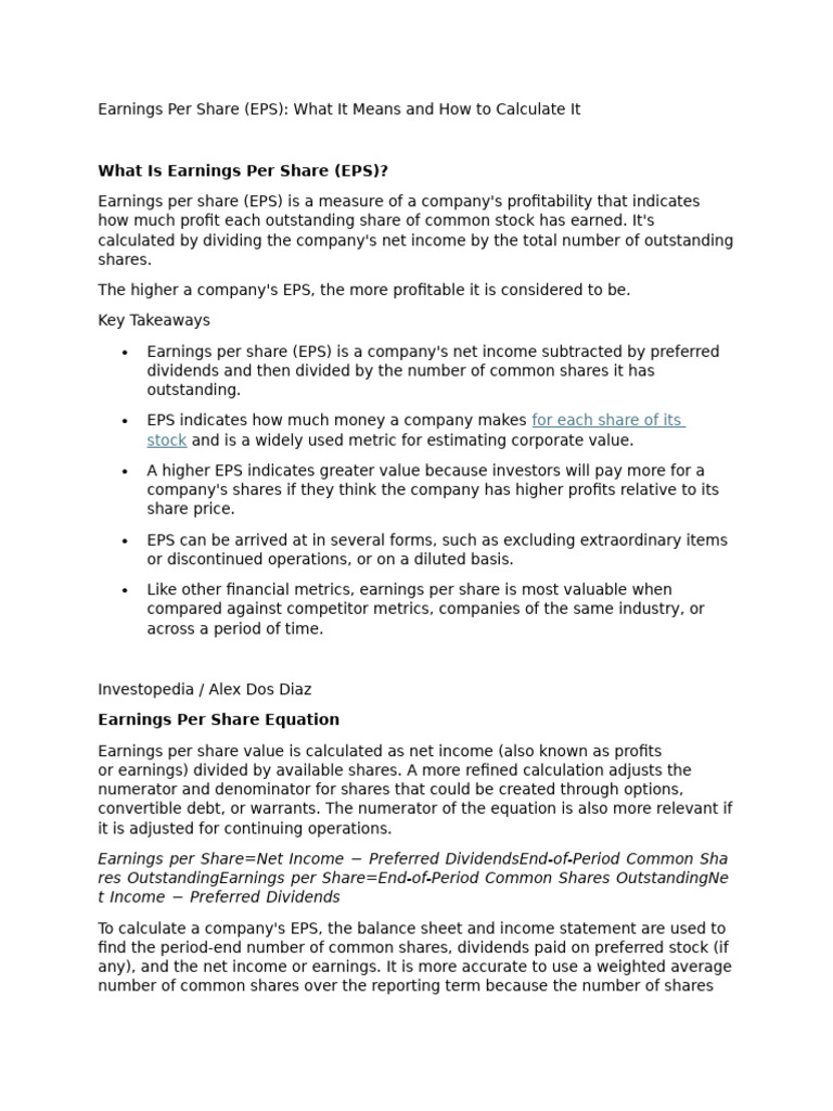Earnings Per Share (EPS) What It Means and How To Calculate It | PDF ...