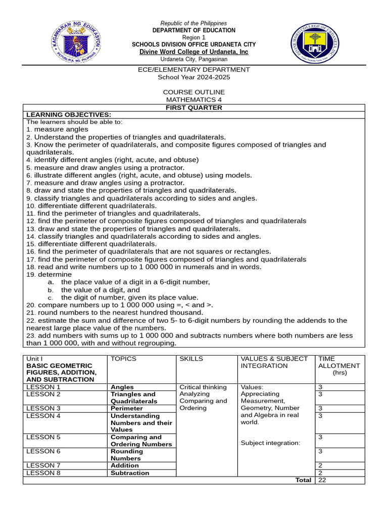 Mathematics 4 Course Outline 2024-2025 | PDF | Triangle | Division ...