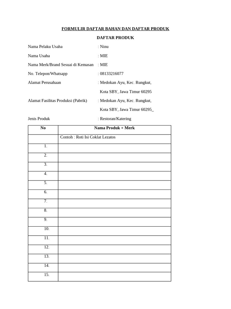 Formulir Daftar Bahan Dan Daftar Produk | PDF