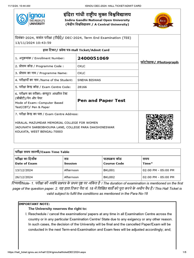 Ignou Dec-2024 - Hall Ticket - Admit Card | PDF