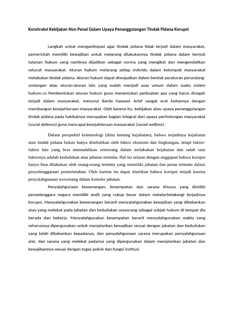 Konstruksi Kebijakan Non Penal Dalam Upaya Penanggulangan Tindak Pidana Korupsi | PDF