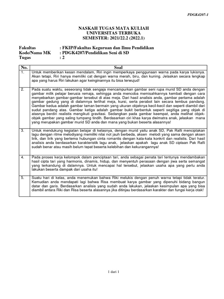 SOAL TUGAS 2 PENDIDIKAN SENI DI SD | PDF
