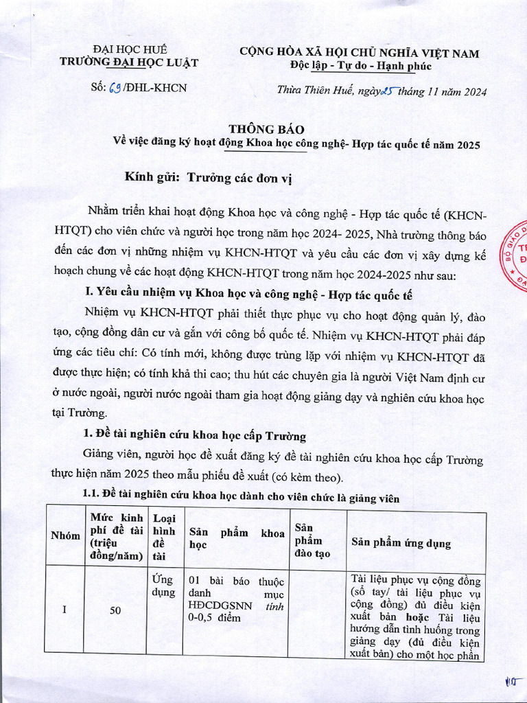 Thong Bao So 69 Ve Dang Ky Hoat Dong KHCN HTQT Nam 2025 | PDF