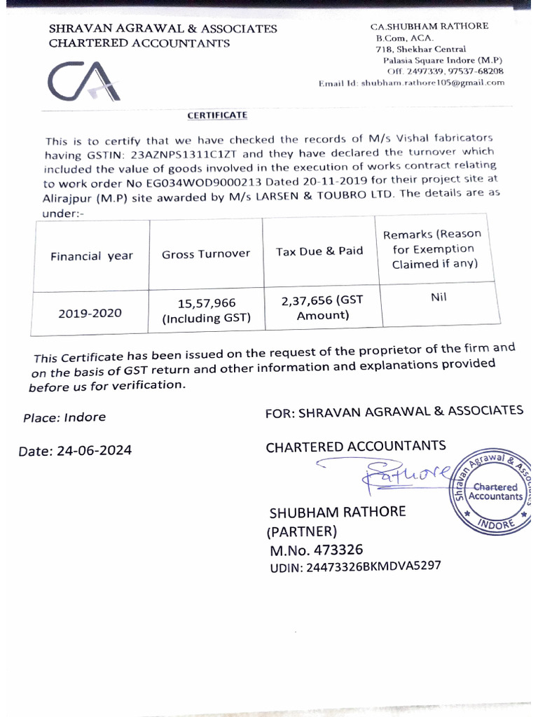 Sample CA Certificate Against Turnover Certificate | PDF | Payments | Taxes