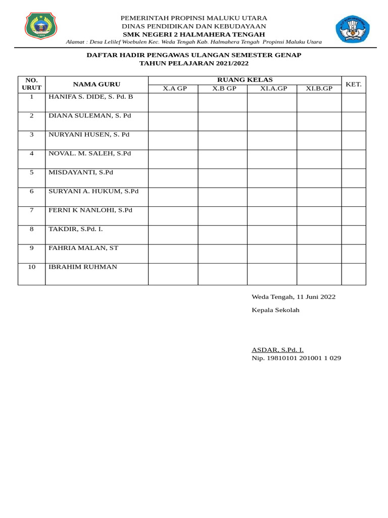 DAFTAR HADIR PENGAWAS UJIAN | PDF