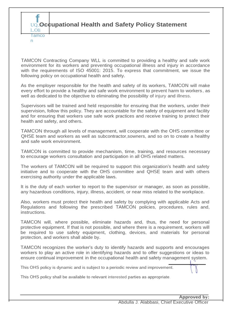 Occupational Health & Safety Policy Statement - Signed | PDF ...