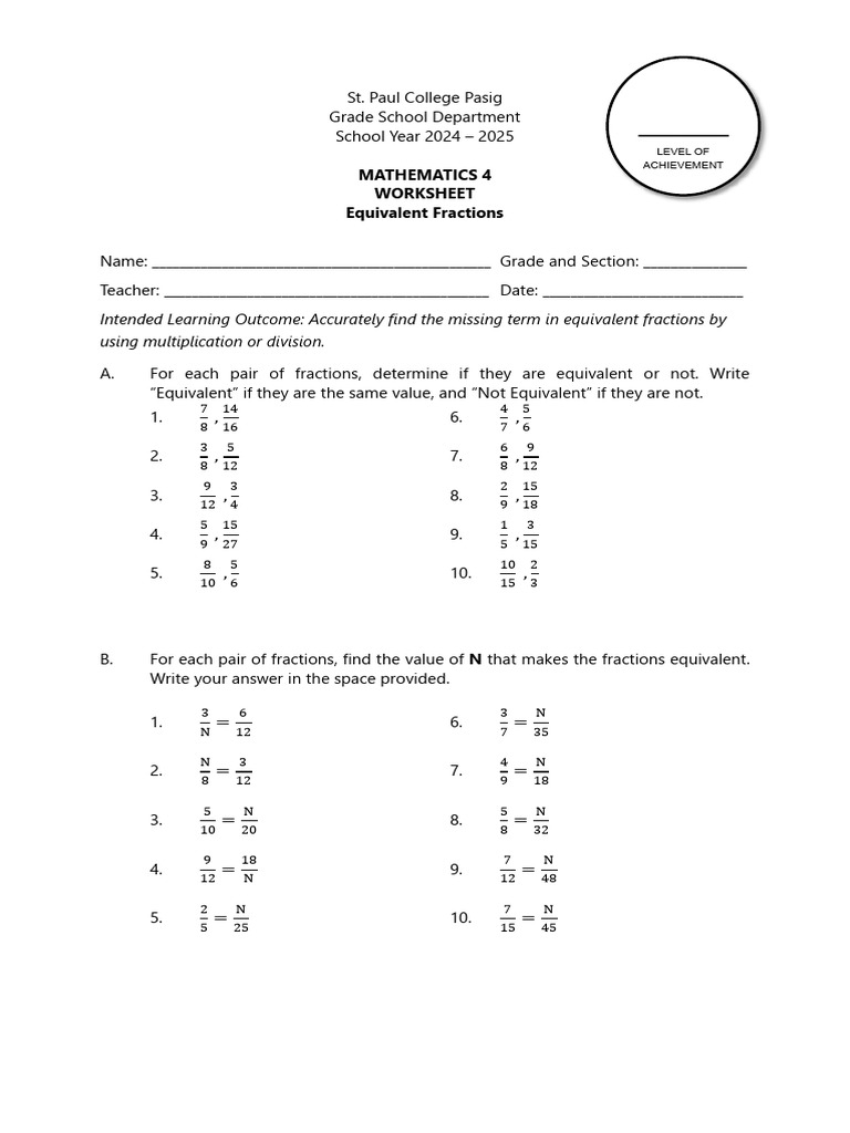 Worksheet - Equivalent Fractions | PDF | Mathematics