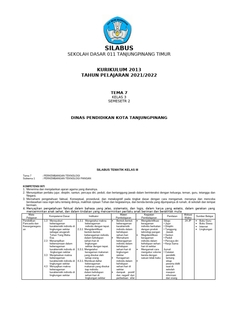 Silabus Kelas 3 Tema 7 | PDF