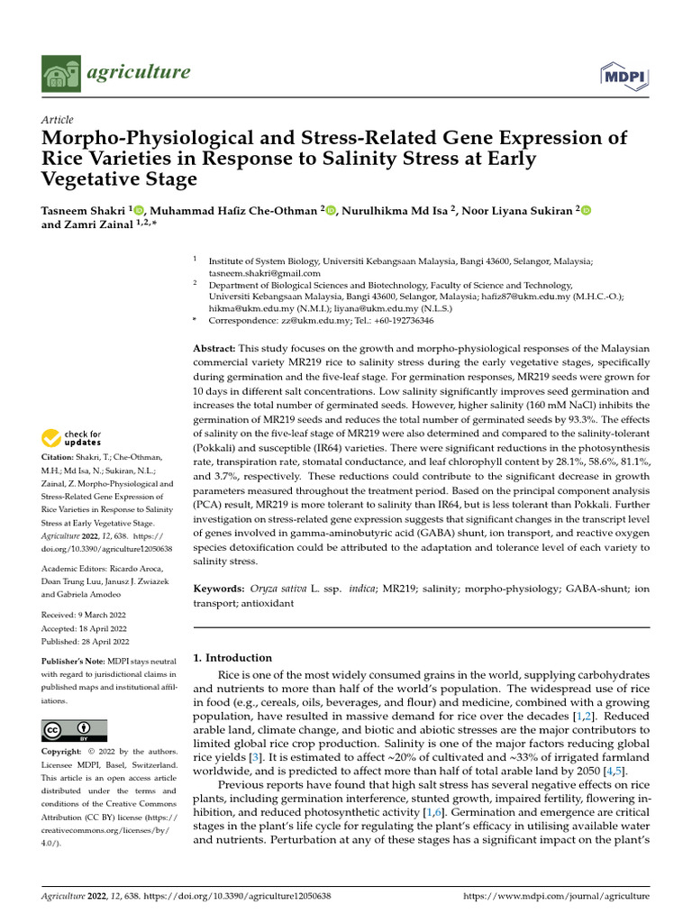 Morpho-Physiological and Stress-Related Gene Expression of Rice Varieties in Response to ...