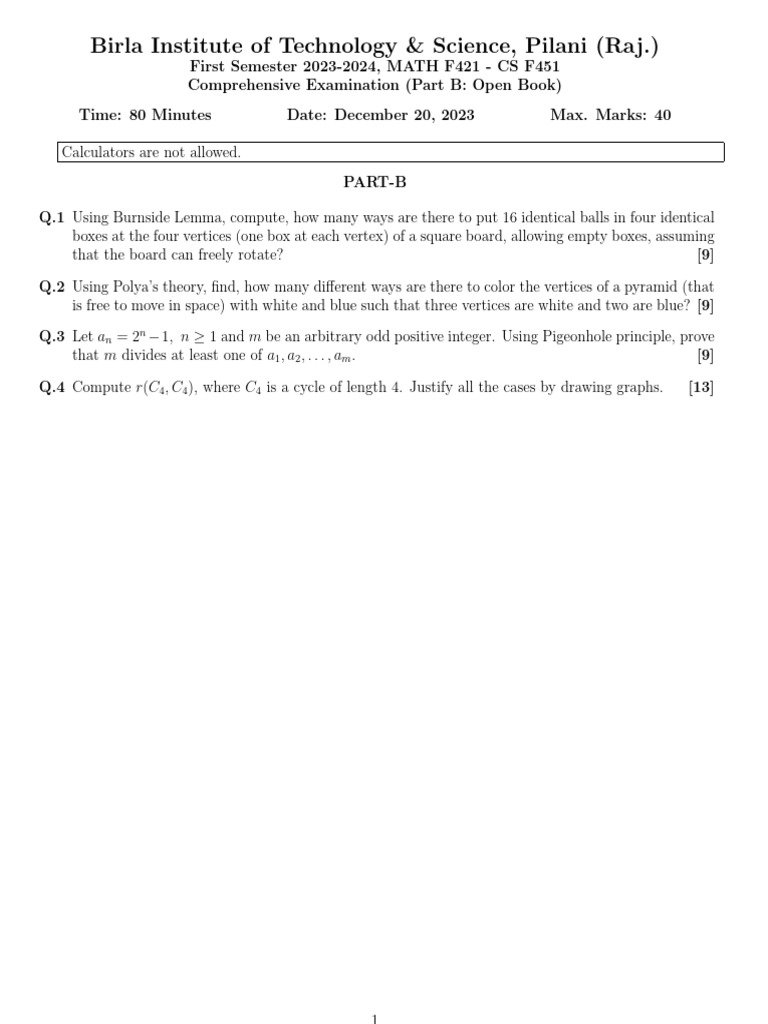 1157 MATH F421 20231223123123 Comprehensive Exam Question Paper | PDF