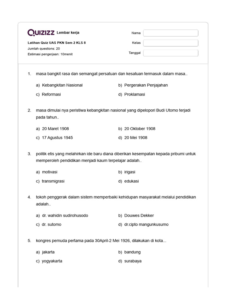 Latihan Quiz UAS PKN Sem 2 KLS 8 - Quizizz | PDF