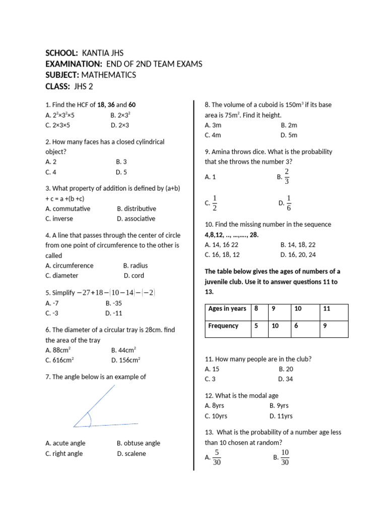 SECOND TEAM JHS 2 EXAMINATION | PDF | Area | Triangle