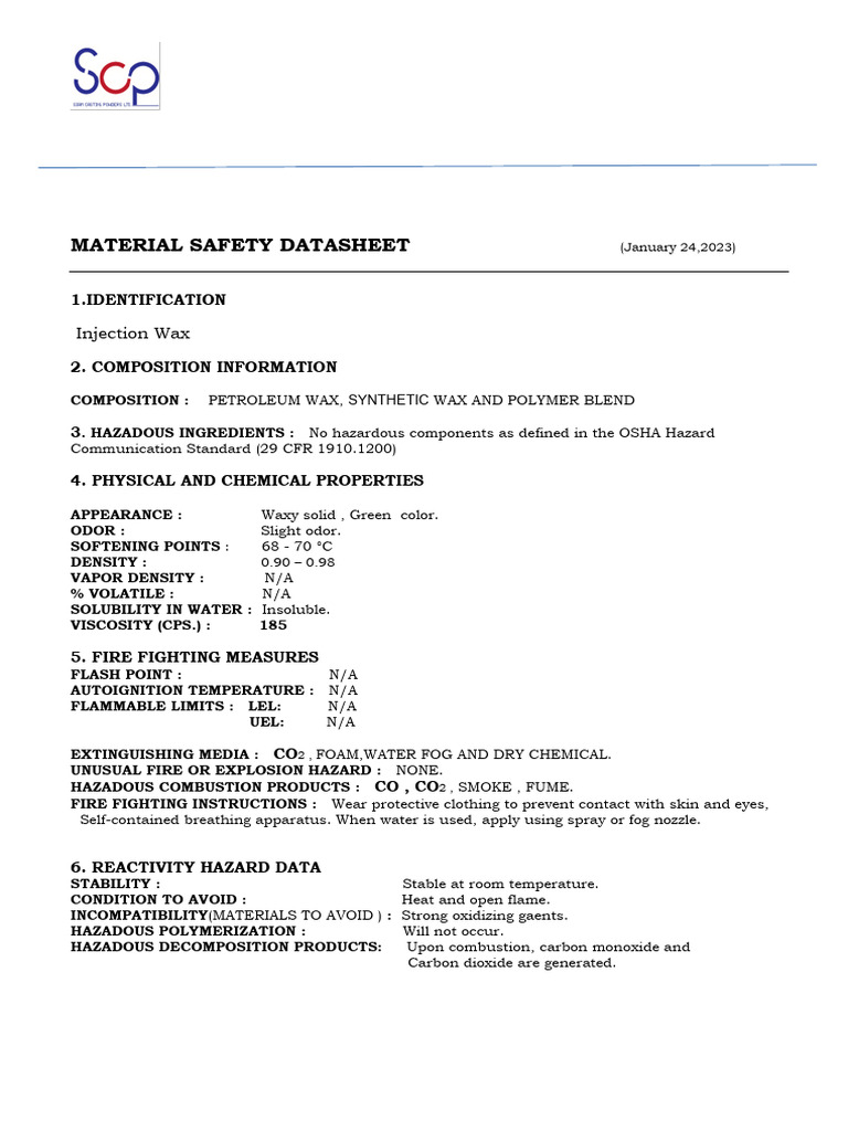 MSDS-wax-1 (1) | PDF | Burn | Carbon Dioxide