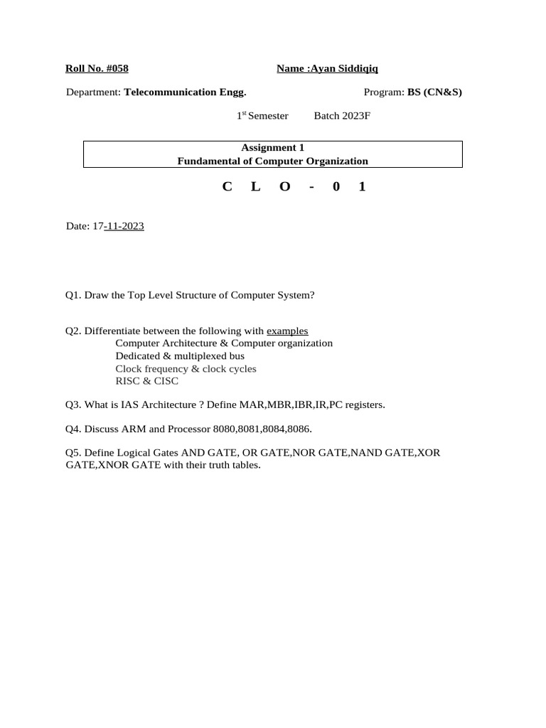 Assign 1-Fco-F'23 COMPLETED Ayaan | PDF | Logic Gate | Central ...