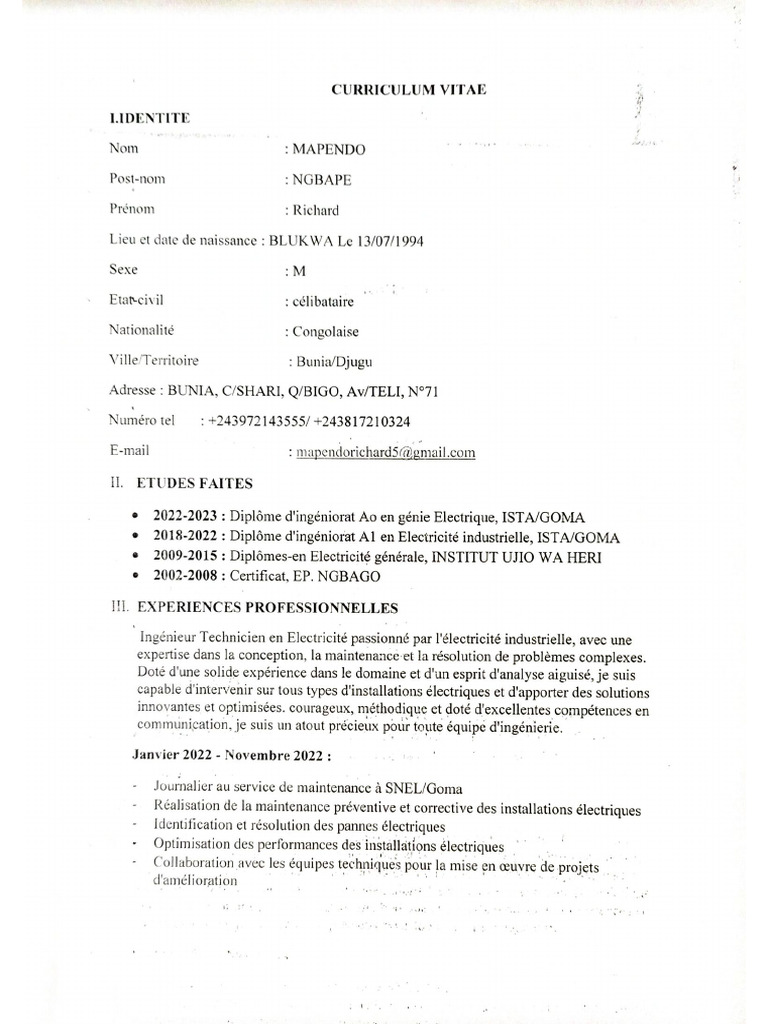 Curriculum Vitæ de Mapendo Ngbape Richard | PDF