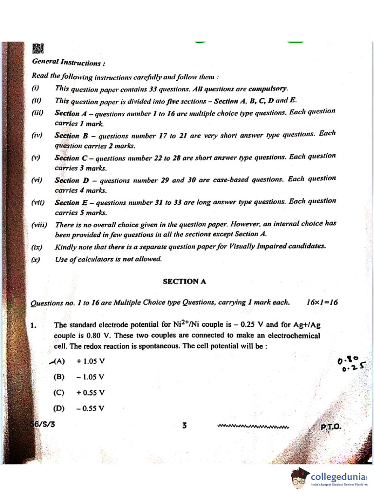CBSE Class 12 Chemistry Compartment Question Paper 2024 SET 3 56 S 3 | PDF