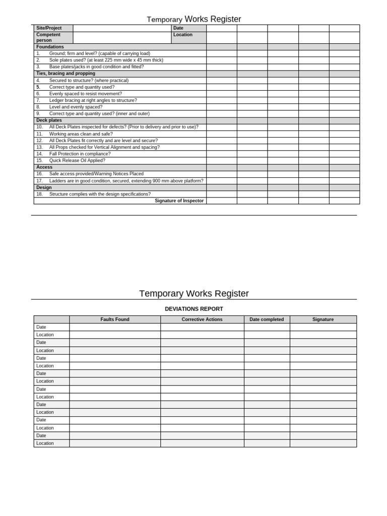 Temporary Works Register and Deviations (1) | PDF