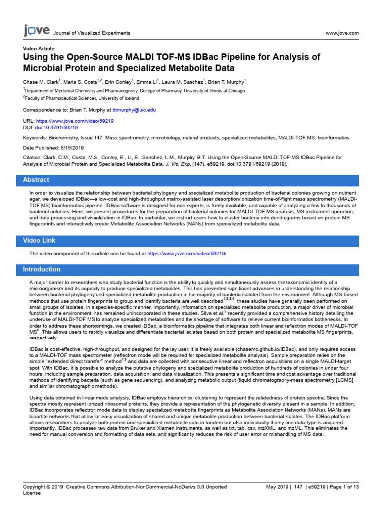 Using the Open-Source MALDI TOF-MS IDBac Pipeline for Analysis of ...