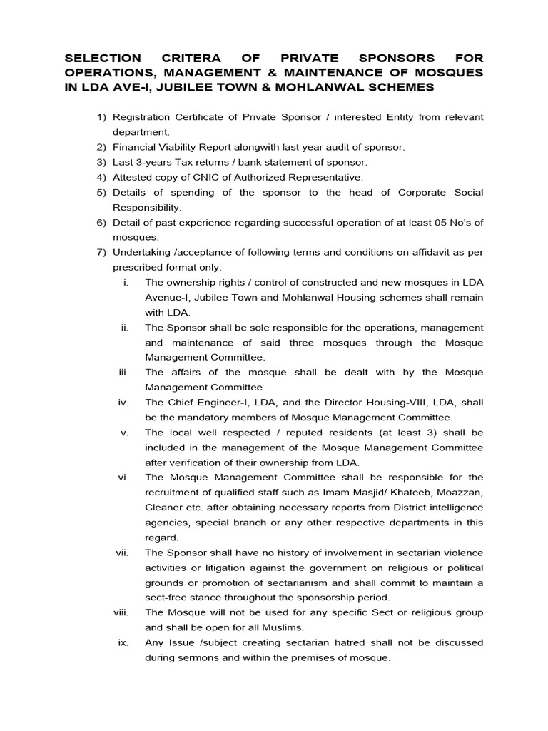 Final Sop For Selection of Private Sponsor Mosques | PDF | Mosque | Justice