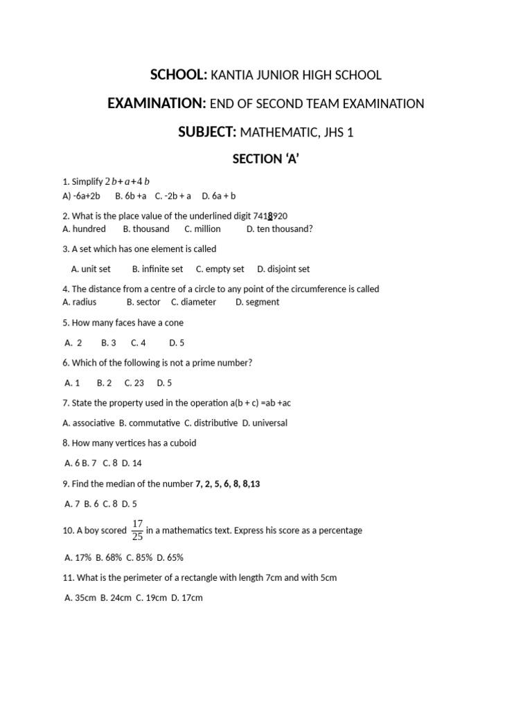 JHS 1 Math Exam Questions | PDF | Triangle | Geometry