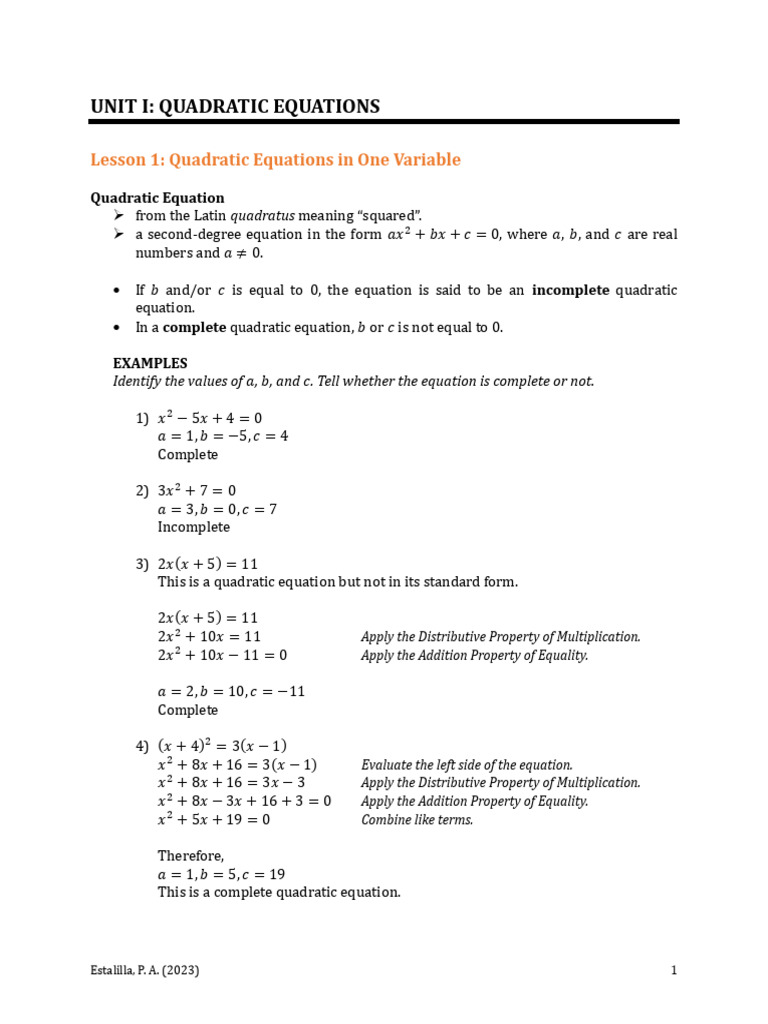 Unit 1 - Quadratic Equations | PDF | Quadratic Equation | Factorization
