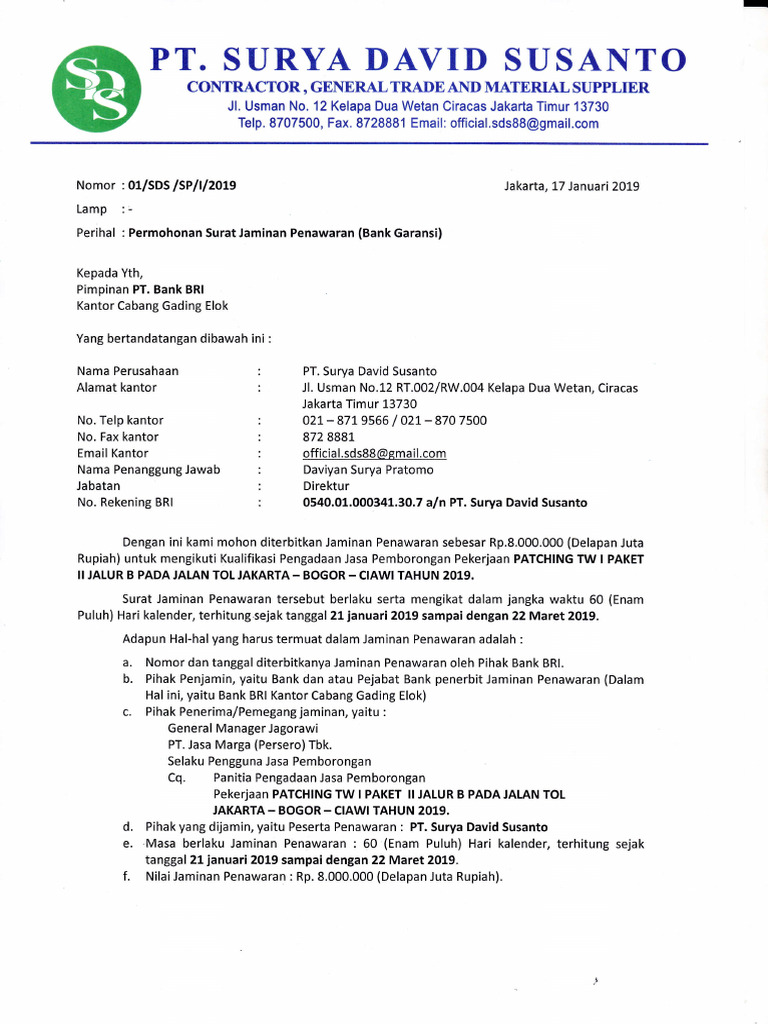 Surat Permohonan Jaminan Penawaran | PDF