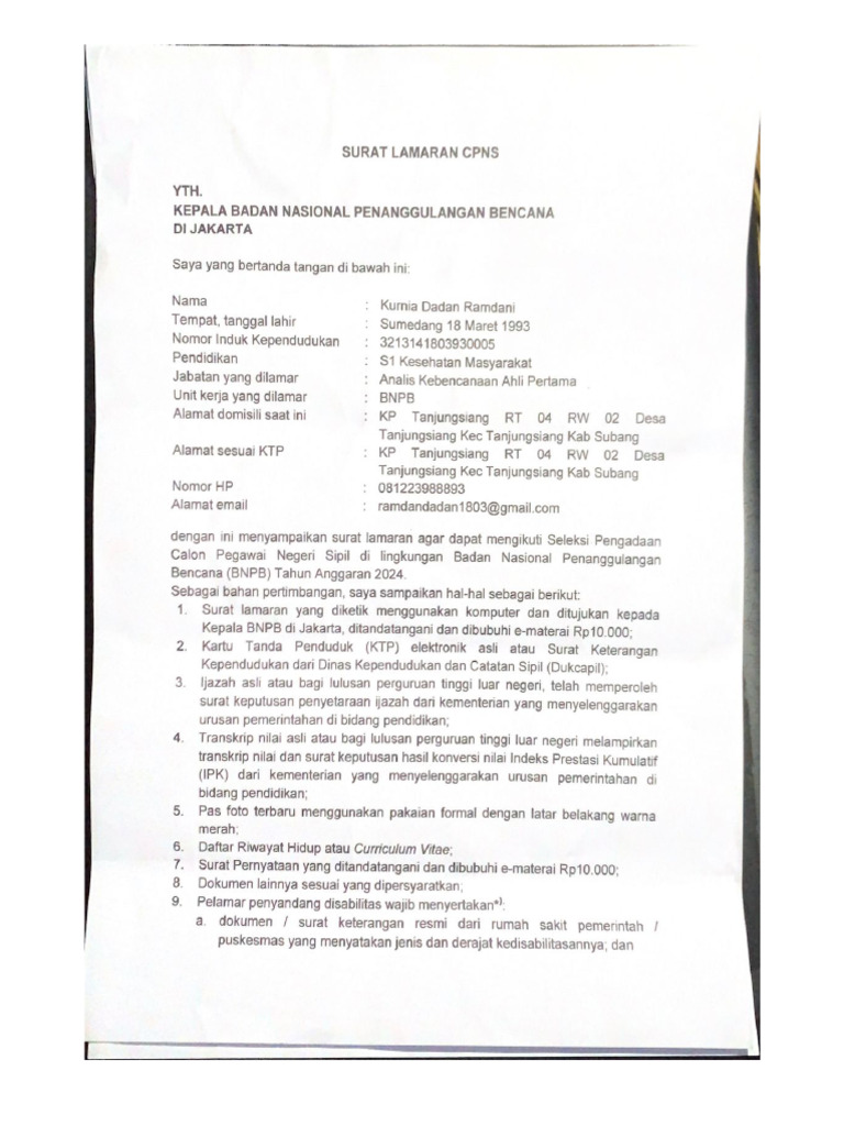 Surar Lamaran Cpns Dadan | PDF