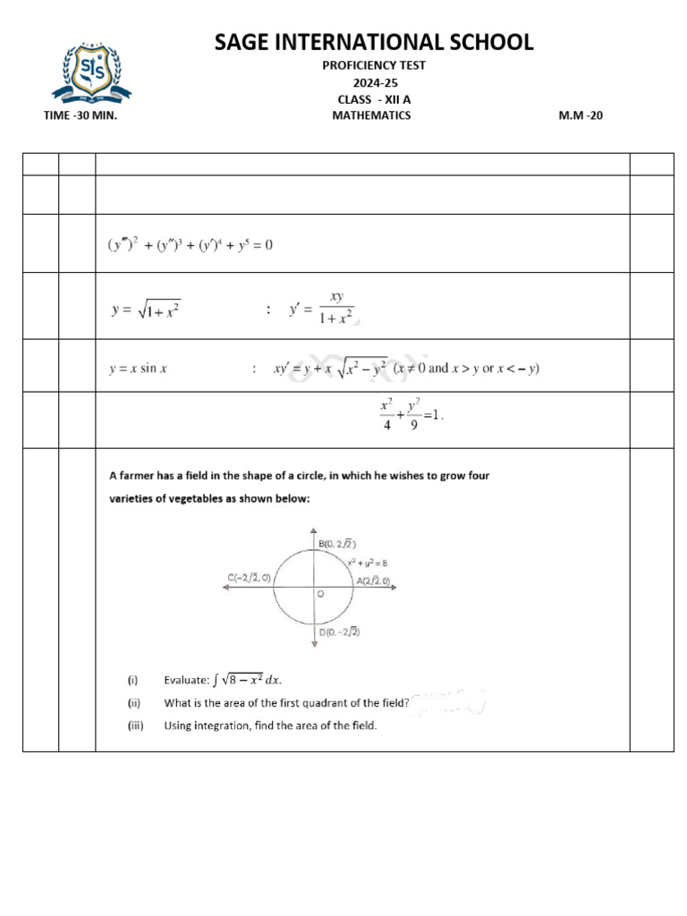 Proficiency test XII A maths | PDF