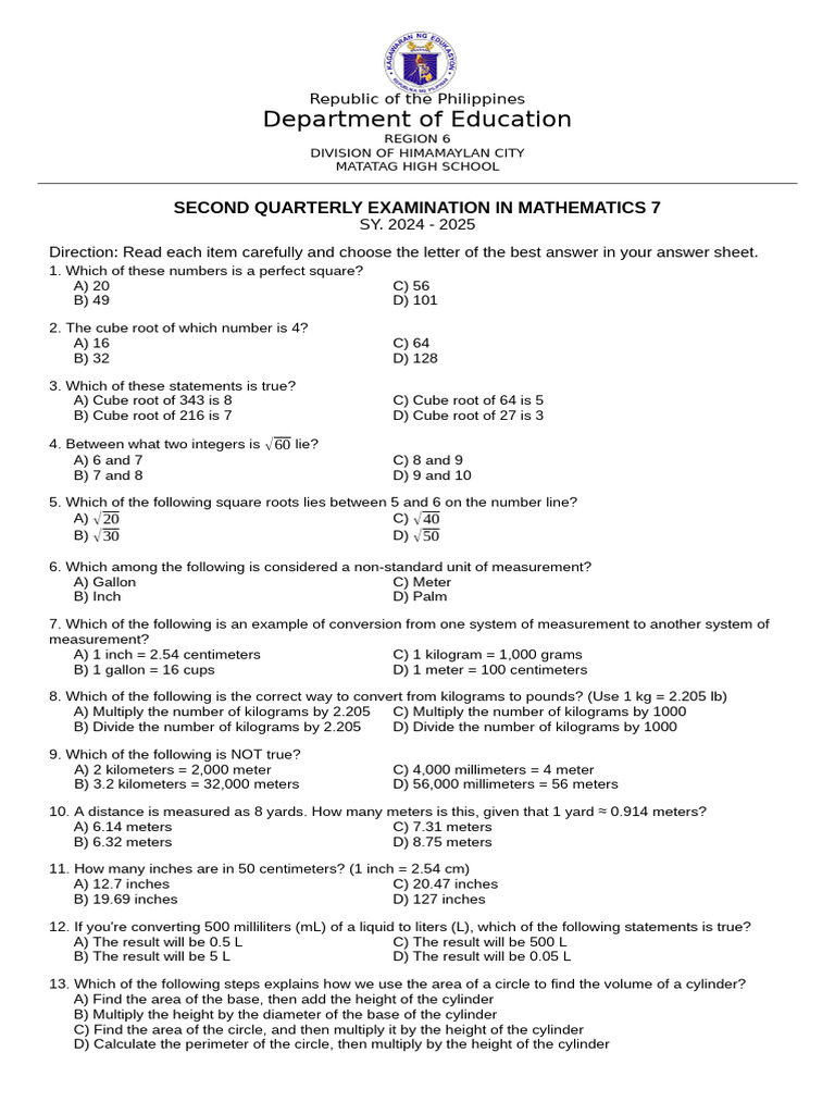 Math 7 2nd Periodic Exam | PDF | Volume | Area