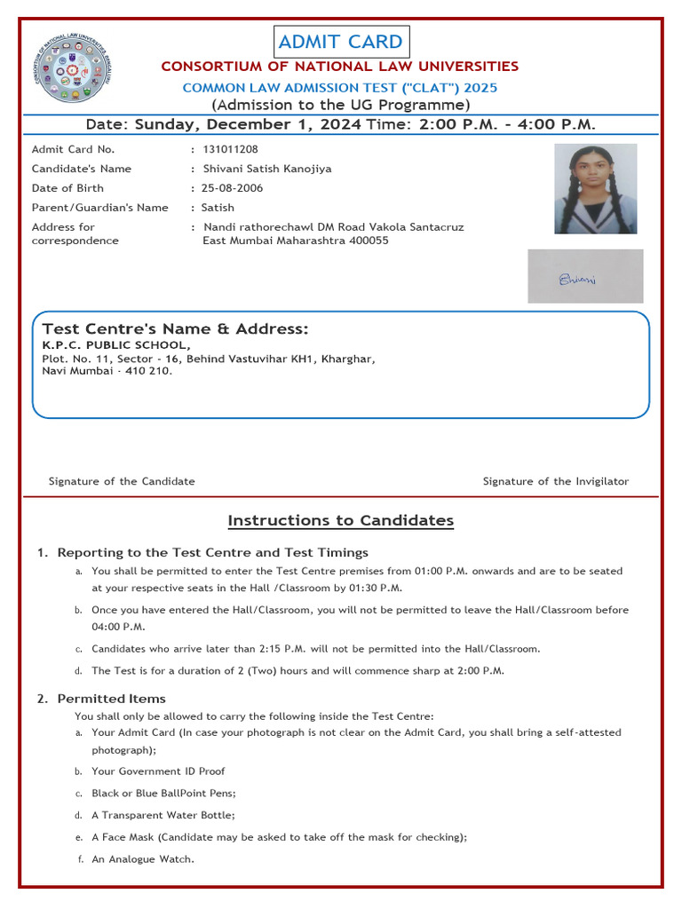 Admit Card Clat | PDF