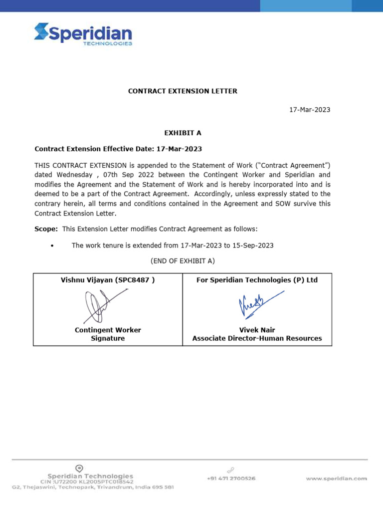 3. Contract Extension Letter - Vishnu Vijayan - Mar'23 to Sep'23 | PDF