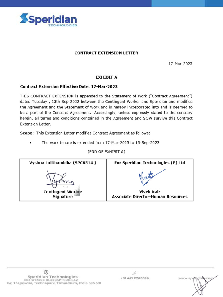 Contract Extension Letter - Vyshna Lalithambika - Mar'23 To Sep'23 | PDF