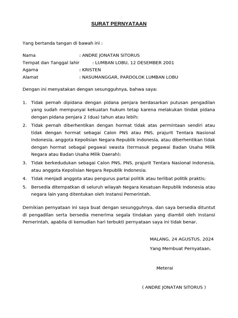 Form Surat Pernyataan 5 Poin BKN | PDF