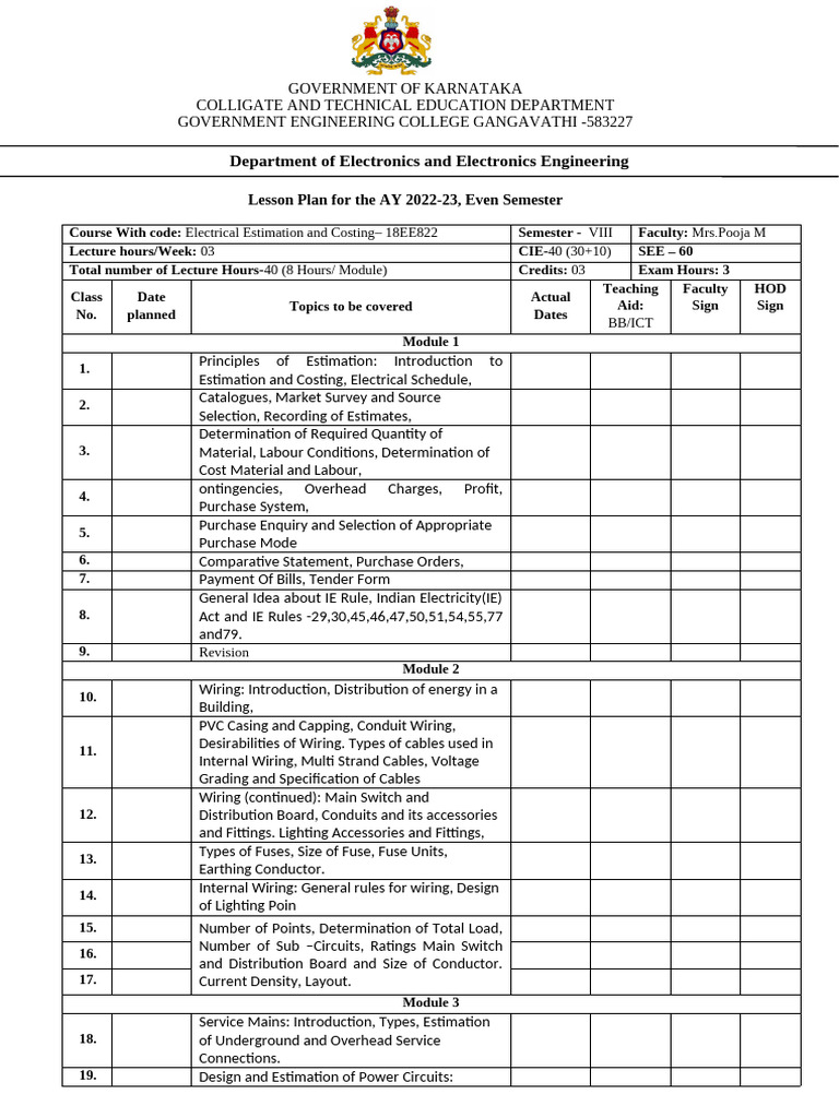 Lesson Plan- EEC -22-23 | PDF | Electrical Wiring | Electrical Conductor