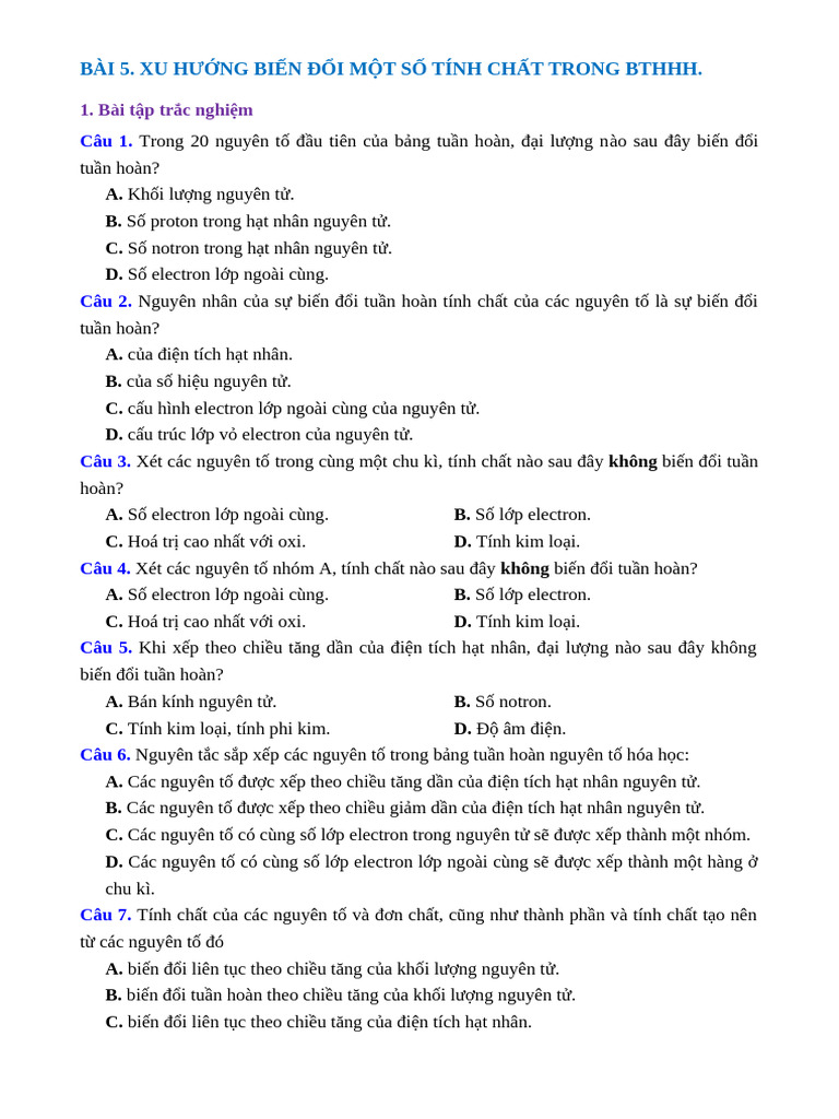 5. Bài - Xu hướng biến đổi một số tính chất trong bảng tuần hoàn (Đã sửa) | PDF