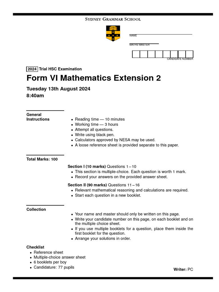 2024 HSC Mathematics Extension 2 Exam | PDF | Multiple Choice | Force