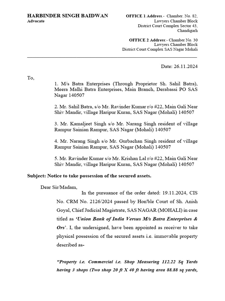 Receiver Possession Notice Affix | PDF | Jurists | Practice Of Law