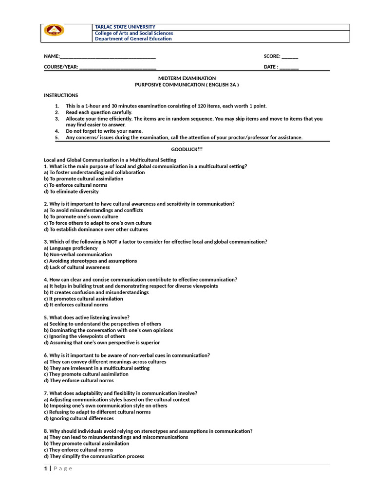 eng 3a final exam | PDF | Communication | Interpersonal Communication