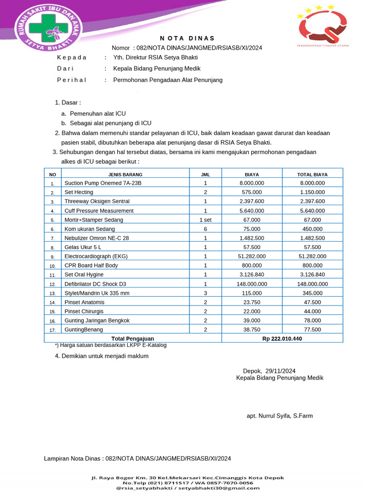 NOTA DINAS 082 Pengajuan Alat ICU | PDF