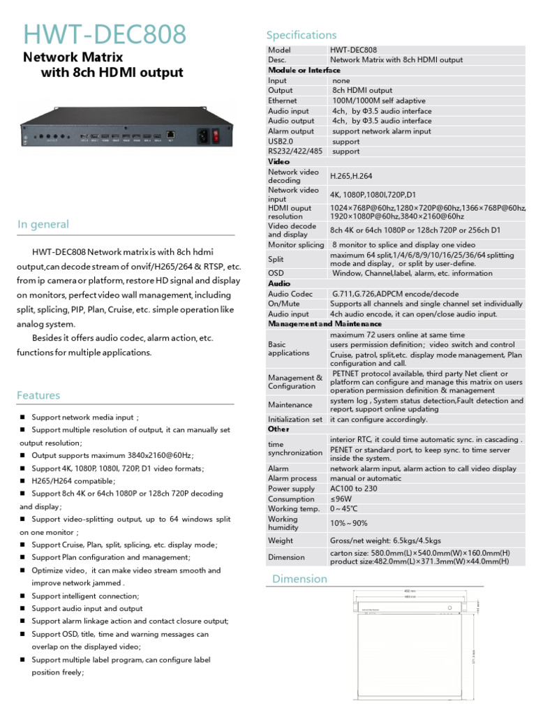 HWT-DEC808 Datasheet | PDF | Hdmi | Video