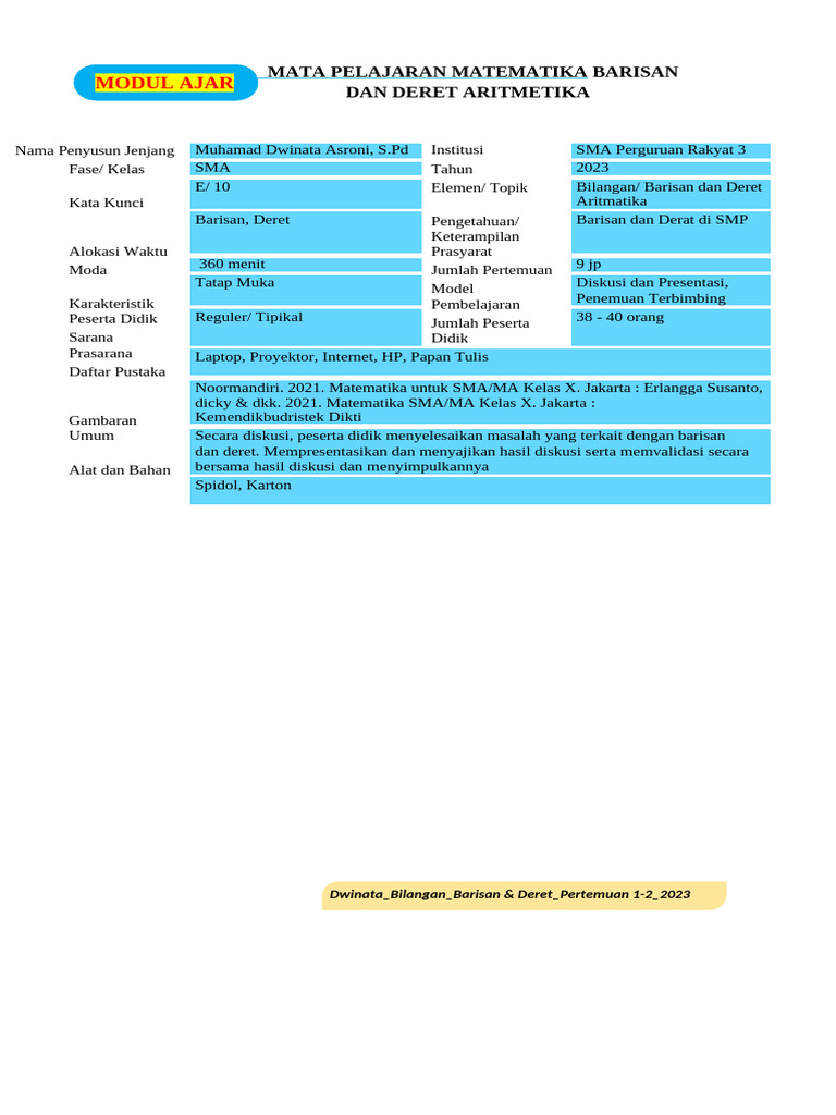 Modul Ajar Matematika - Barisan Dan Deret Aritmatika - Fase E | PDF