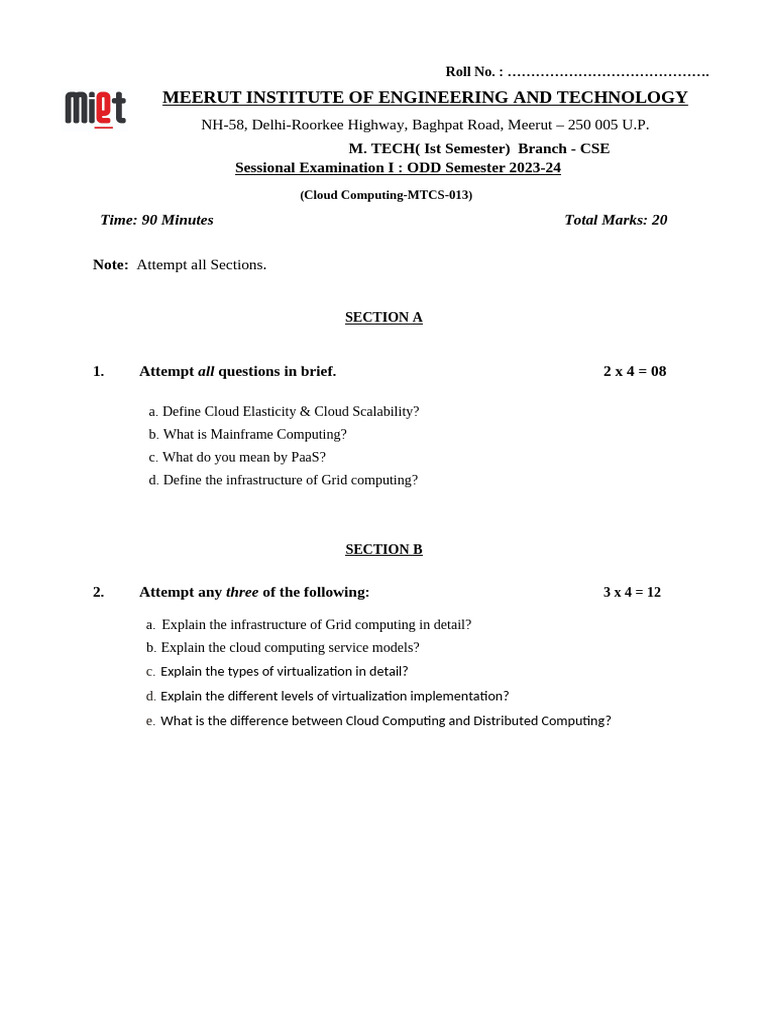 Previous Year 2023-24 ST1 - CC - Paper - M.Tech | PDF