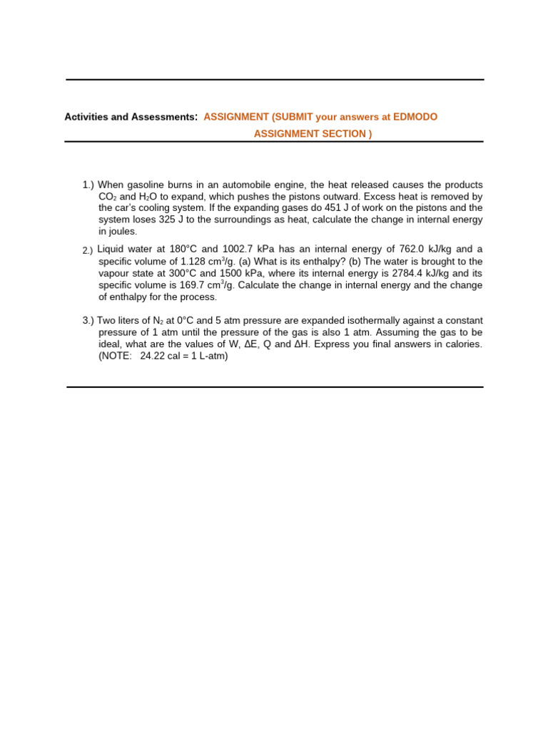 Assessments Lesson 4 Unit 1 The First Law of Thermodynamics | PDF